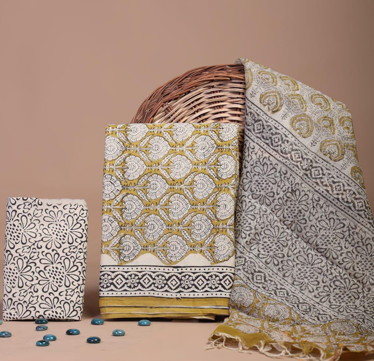 Block Print Cotton Suit With kota Doriya Dupatta - Silkgram Textiles